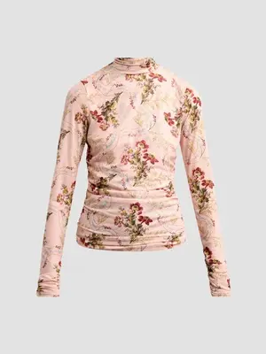 Cinq À Sept Loveletter Floral Shirred Mesh Turtleneck