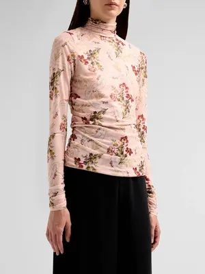 Cinq À Sept Loveletter Floral Shirred Mesh Turtleneck