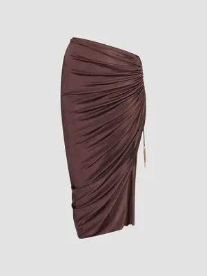 Balmain Draped Jersey Slit Midi Skirt - Brown