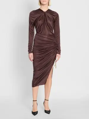 Balmain Draped Jersey Slit Midi Skirt - Brown