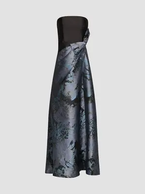 KAY UNGER Eva Dauphine Jacquard Asymmetic Gown - Chambray Multi