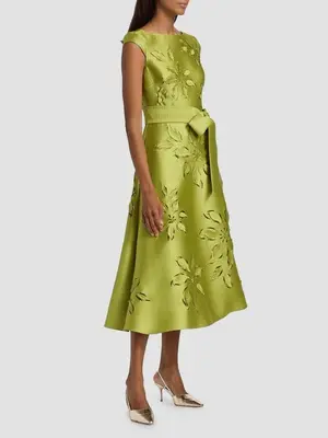 Badgley Mischka Lasercut Floral Tie Waist Midi-dress
