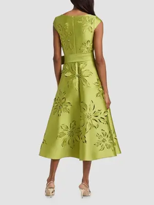 Badgley Mischka Lasercut Floral Tie Waist Midi-dress
