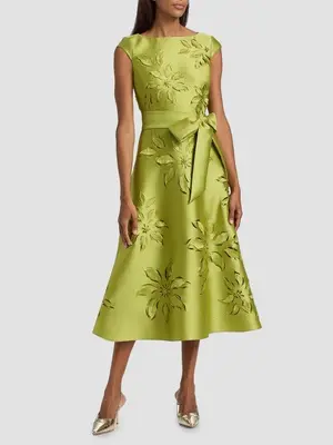 Badgley Mischka Lasercut Floral Tie Waist Midi-dress
