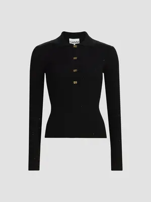 GANNI Fine Sequin Wool-blend Polo Sweater