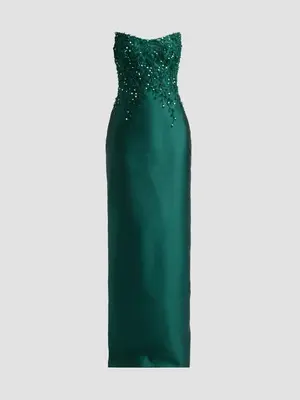 Pamella Roland Embellished Mikado Strapless Gown - Green Multi