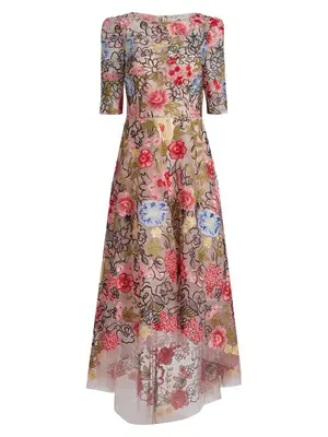 Rickie Freeman For Teri Jon Floral Embroidery Mesh High-low Midi-dress