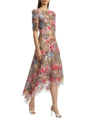 Rickie Freeman For Teri Jon Floral Embroidery Mesh High-low Midi-dress