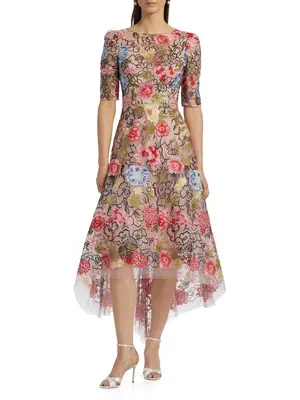 Rickie Freeman For Teri Jon Floral Embroidery Mesh High-low Midi-dress
