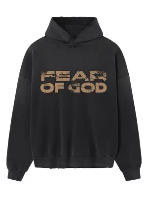 Fear Of God Logo Distressed Cotton Hoodie - Black