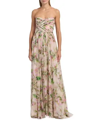 Monique Lhuillier Floral Chiffon Draped Strapless Gown