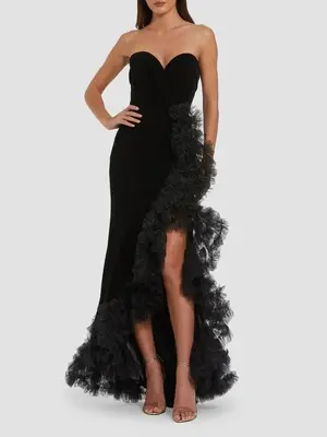 Mac Duggal Frilled-slit Crossover Bustier Gown