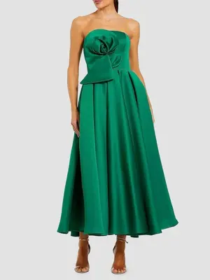 Mac Duggal Rosette Satin Strapless A-line Midi-dress - Emerald