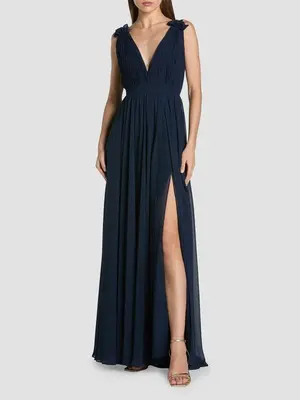 Mac Duggal Ieena Pleated Chiffon Gown - Navy