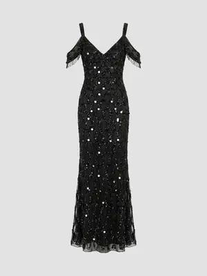 Mac Duggal Beaded Mesh Off-the-shoulder Column Gown - Black