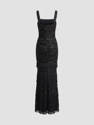 Mac Duggal Embellished Geometric Fringe Gown