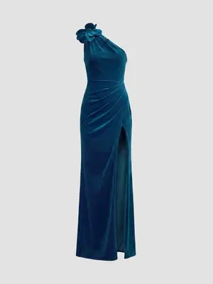 Mac Duggal Velvet Floral Detail One-shoulder Gown