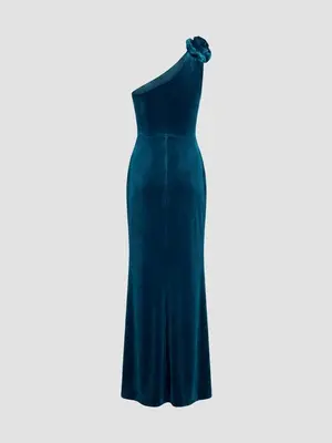 Mac Duggal Velvet Floral Detail One-shoulder Gown