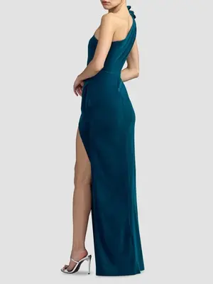 Mac Duggal Velvet Floral Detail One-shoulder Gown