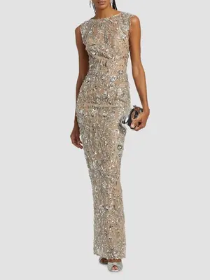 BRONX BANCO Violet Floral Sequin Gown