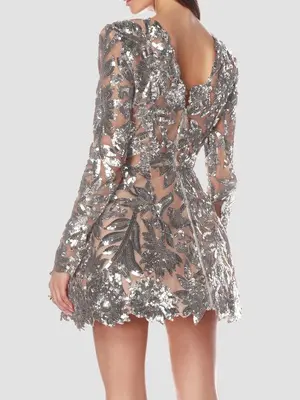 BRONX BANCO Sequined Floral Long-sleeve Mini Dress