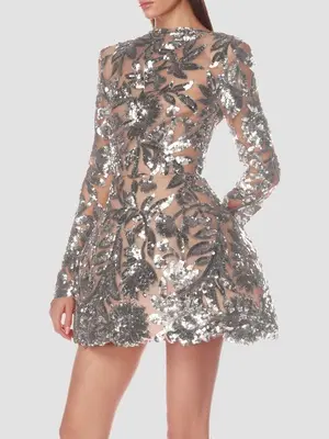 BRONX BANCO Sequined Floral Long-sleeve Mini Dress