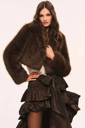 LoveShackFancy Stroma Cropped Faux Fur Jacket - Brownstone