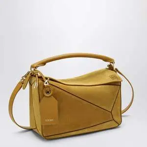 Loewe Ochre Small Featherlight Puzzle Bag In Suede - Yellow