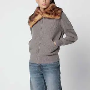 Moose Knuckles Wool Cardigan With Faux Fur Collar - Grey