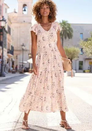 LASCANA Flutter Sleeve Floral Dress