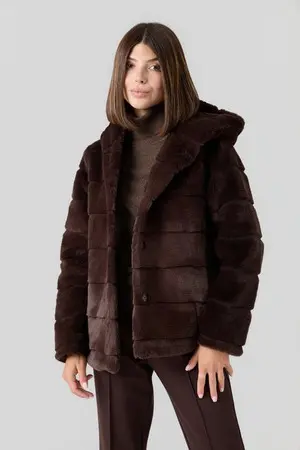 LE FAFO Hooded Faux Fur Coat - Brown