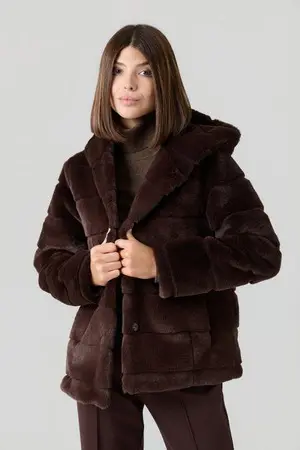 LE FAFO Hooded Faux Fur Coat - Brown