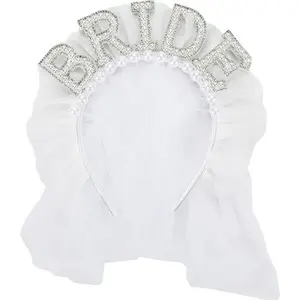 PACKED PARTY Blushing Bride Novelty Tulle Headbandbride Glitter Lettering With Pearl Details And White Tulle Veil Effect For Bachelorette Parties - Multicolor