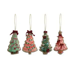 OLIVE GROVE 4-piece Handmade Beaded Fabric Christmas Tree Ornament With Velvet Bow - Multicolor