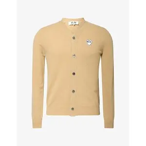 Play Comme Des Garcon Heart Motif-logo Wool Cardigan - Light Camel