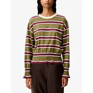Claudie Pierlot Striped Smocked-trim Cotton T-shirt