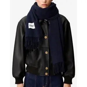 Claudie Pierlot Wide Fringed-trim Wool Scarf - Navy