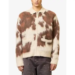 Obey Cow-print Zip-up Knit Cardigan