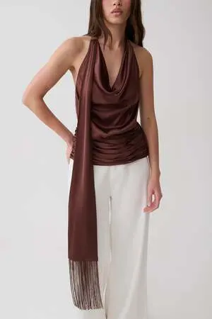 Meshki Keena Satin Top With Fringe Scarf - Brown
