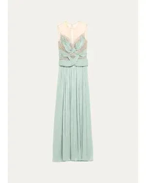 Costarellos Branka Embellished Crisscross Lurex Georgette Illusion Gown