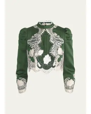 Alice + Olivia Thomasina Lace-trimmed Crop Jacket - Dark Fern