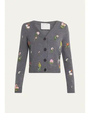 Oscar De La Renta Embroidered Wool Mini V-neck Cardigan