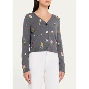 Oscar De La Renta Embroidered Wool Mini V-neck Cardigan