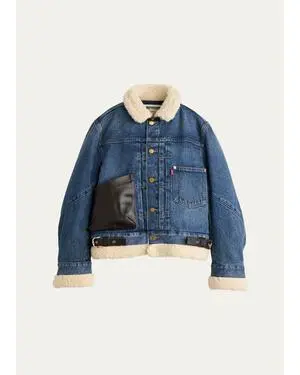 Sacai X Levi's Faux Fur And Denim Aviator Jacket