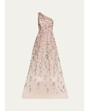 Rickie Freeman For Teri Jon One-shoulder Embroidered Tulle Gown