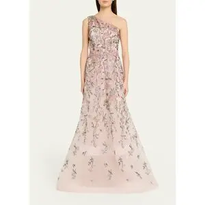 Rickie Freeman For Teri Jon One-shoulder Embroidered Tulle Gown
