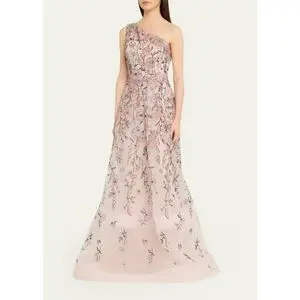 Rickie Freeman For Teri Jon One-shoulder Embroidered Tulle Gown