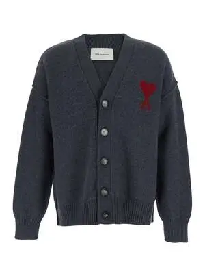 AMI Paris V-neck Button-front Cardigan With Chest Heart Patch