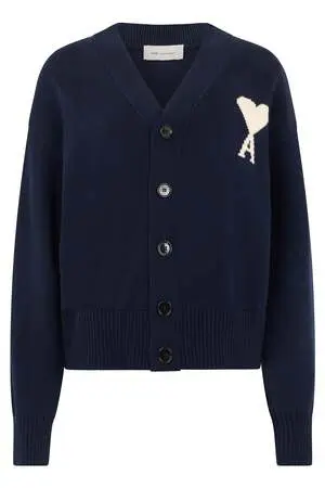 AMI Paris Wool-cotton Cardigan Sweater With Embroidered Chest