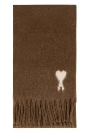 AMI Paris Oversized Alpaca Blend Scarf With De Coeur Jacquard And Fringed Hem - Brown